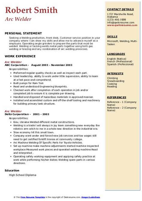 Arc Welder Resume Samples QwikResume