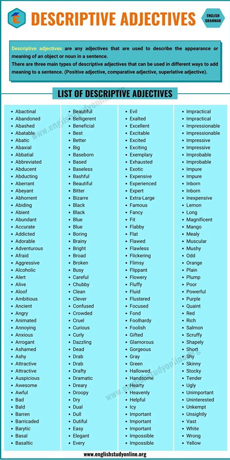 Descriptive Adjectives List