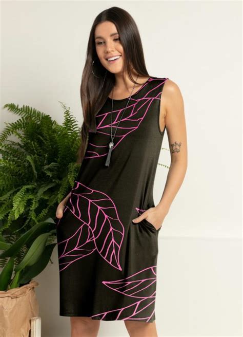 Vestido Bolsos Folhagem Rosa Quintess