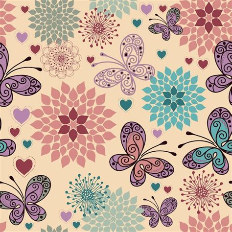 Premium Vector Seamless Pattern With Butterflies Hearts And Flowers