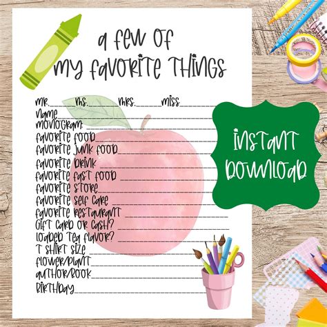 Teacher Favorite Things Form Printable