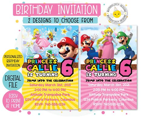 Super Mario Princess Peach Birthday Invitation Pick From 2 Designs