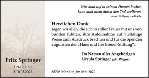Traueranzeigen Von Fritz Springer Trauer In NRW De