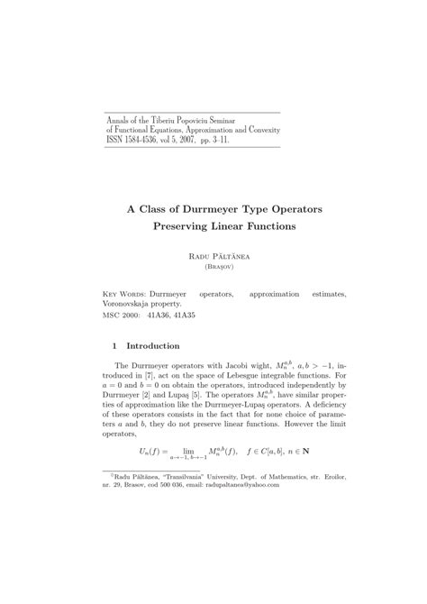 pdf a class of durrmeyer type operators preserving linear functions