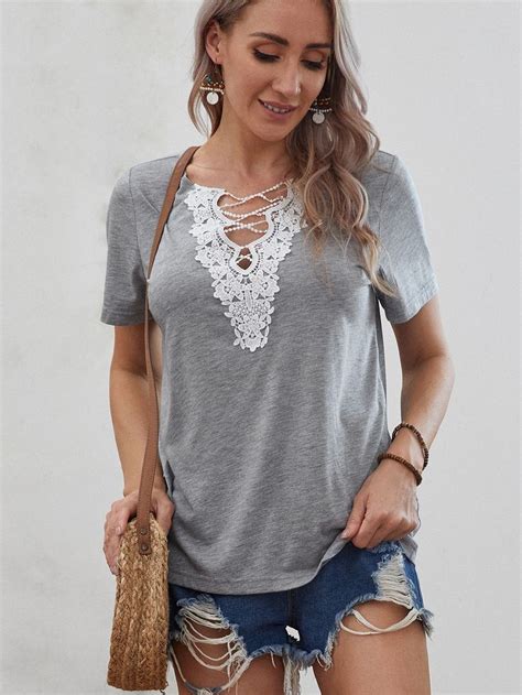 EMERY ROSE Contrast Guipure Lace Detail Tee Women Womens Tops Tops