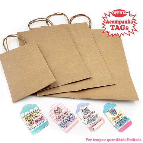 25 Sacola de Papel Kraft Pardo Delivery C Alça TAG de