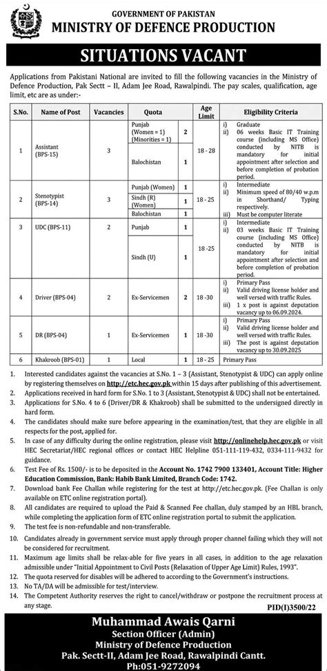 Ministry Of Defence Pakistan Jobs 2024 Online Apply Last Date
