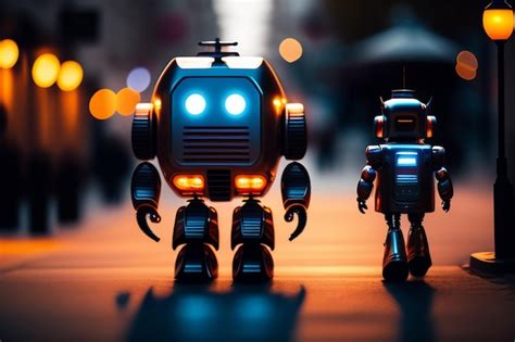 Um robô e um menino caminham por uma rua Foto Grátis