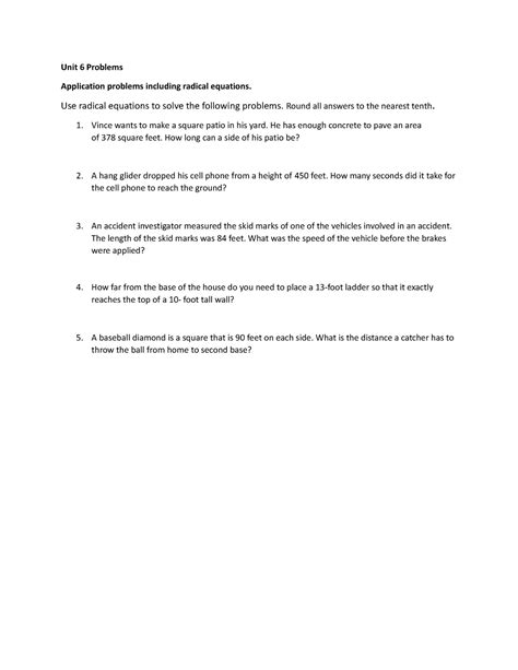 algebra ma109 unit6 unit 6 problems application problems including radical equations use