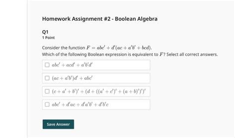 solved homework assignment 2 boolean algebra q1 1 point