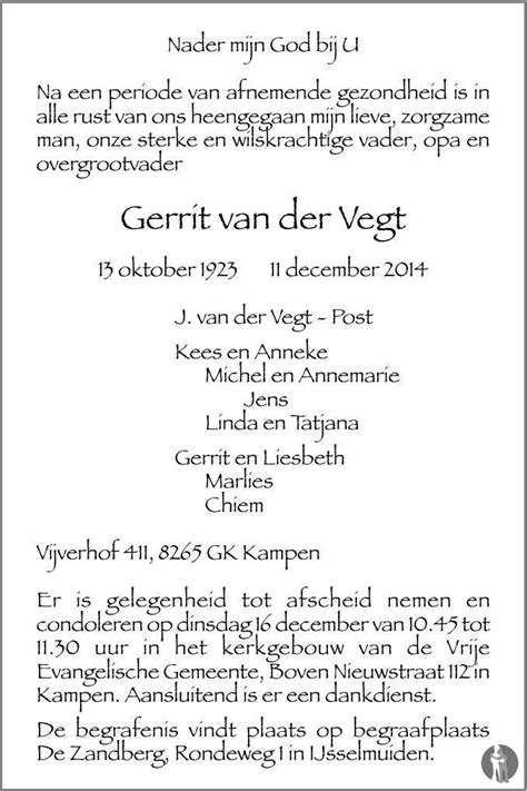 Gerrit Van Der Vegt 11 12 2014 Overlijdensbericht En Condoleances
