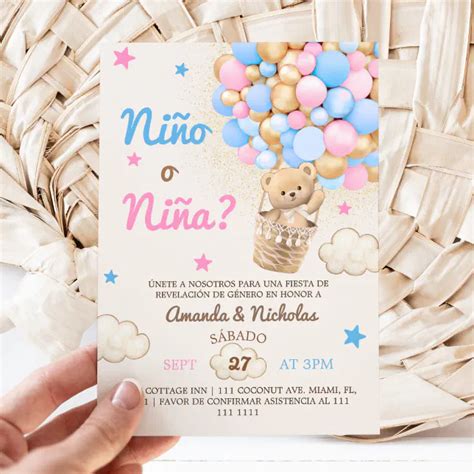 Spanish Nino O Nina Bear Balloon Gender Reveal Invitation Zazzle