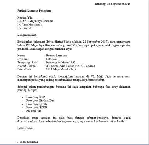 20 Contoh Surat Lamaran Kerja Yang Baik Dan Cara Membuatnya