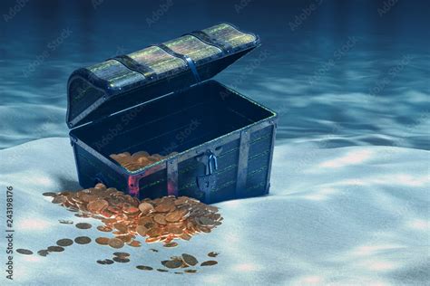 Open Treasure Chest With Gold Underwater 3D Rendering Stock