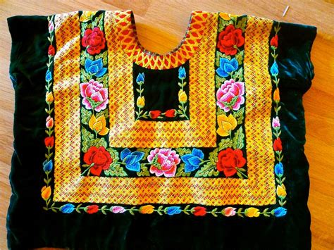 Mexican Embroidered Huipil Blouse Skirt Tehuana Green Velvet