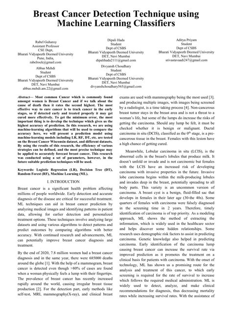 pdf breast cancer detection technique using machine learning classifiers