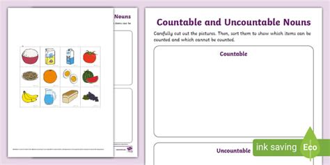 Countable And Uncountable Nouns Sorting Activity Twinkl