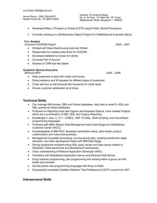 Sunil Kumar B S Current Resume For Cognos Pdf