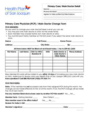 Fillable Online Primary Care Physician Pcp Main Doctor Change Form