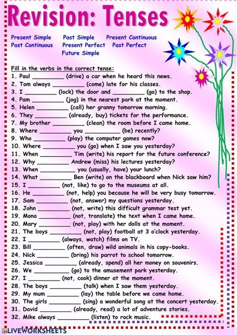 Tenses Revision Worksheet In Grammar Worksheets Tenses