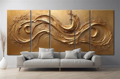 Tríptico moderno de pintura al óleo con textura dorada abstracta Foto