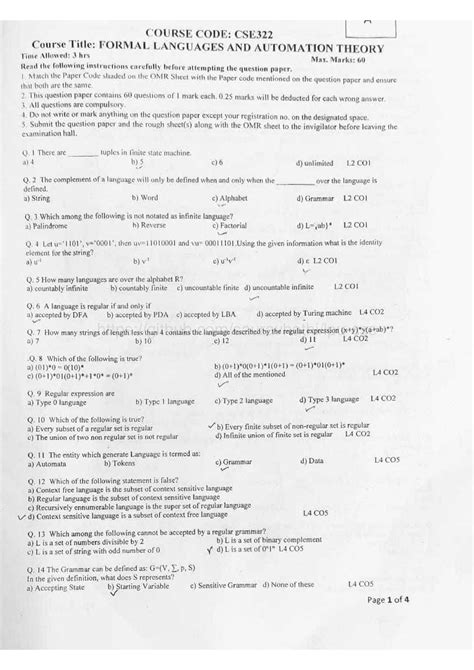 cse322 set a ete mcqs an ete question paper of theory of computation and automata course