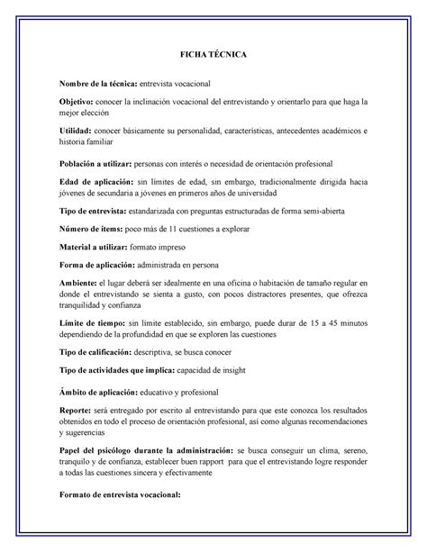 Ficha Tecnica Entrevista Vocacional Ficha T Cnica Nombre De La