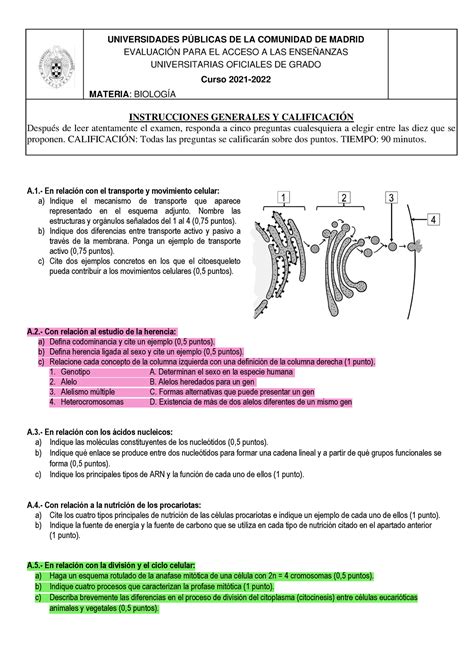 EVAU Biologia Ejercicios EVAU Biología Comunidad de Madrid