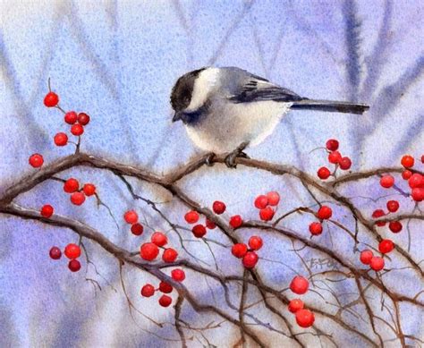 Barbara Fox Daily Paintings BERRY BUSH CHICKADEE Bird Landscape