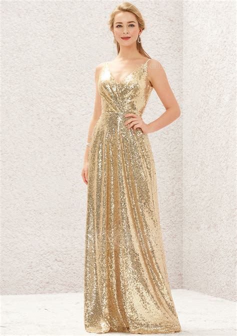 A Line V Neck Long Floor Length Sequined Bridesmaid Dress With Lace