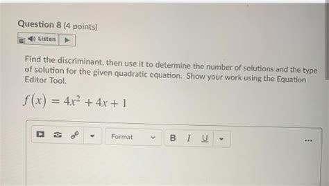 question 8 4 points listen find the discriminant the math