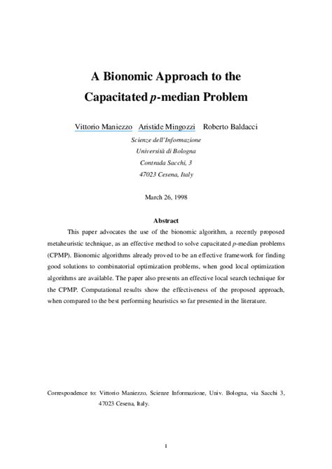 pdf a bionomic approach to the capacitated p median problem aristide mingozzi