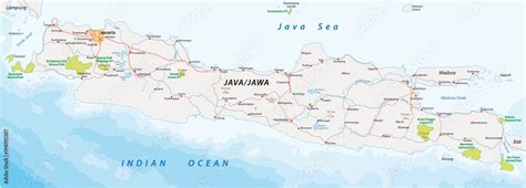 Vector Road And National Park Map Of The Indonesian Island Java Stock