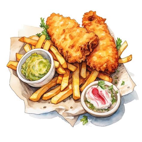 Un dibujo de acuarela de pescado y papas fritas con un tazón de