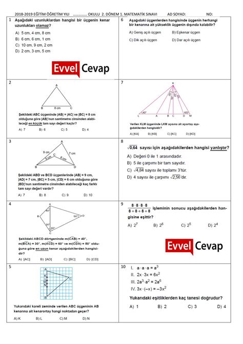8 Sınıf Matematik 2 Dönem 1 Yazılı Soruları 2018 2019