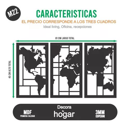 Cuadro Tríptico De Madera Calada Planisferio Mapamundi Color en venta