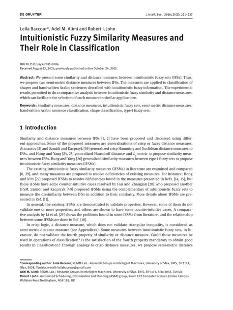pdf intuitionistic fuzzy similarity measures and their role in classification
