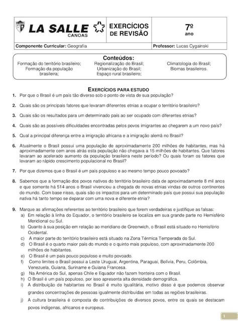 PDF Revisão 7º ano lasalle edu br 7 Por que dizemos que o Brasil