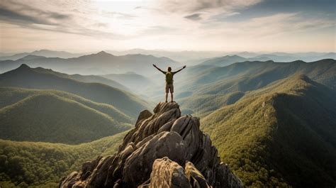 Um homem no topo de uma montanha os braços levantados no topo de