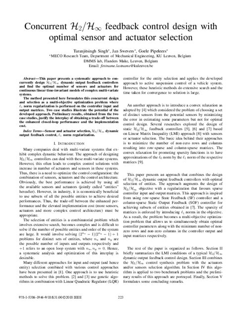 pdf concurrent h 2 h∞ feedback control design with optimal sensor and actuator selection