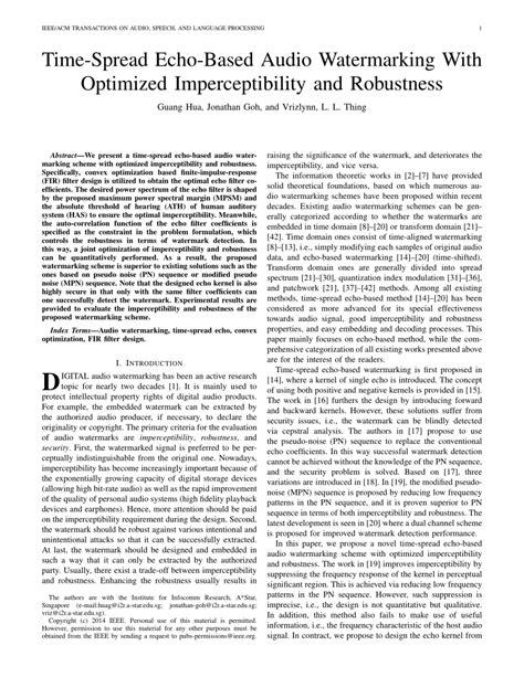 [pdf] time spread echo based audio watermarking with optimized imperceptibility and robustness