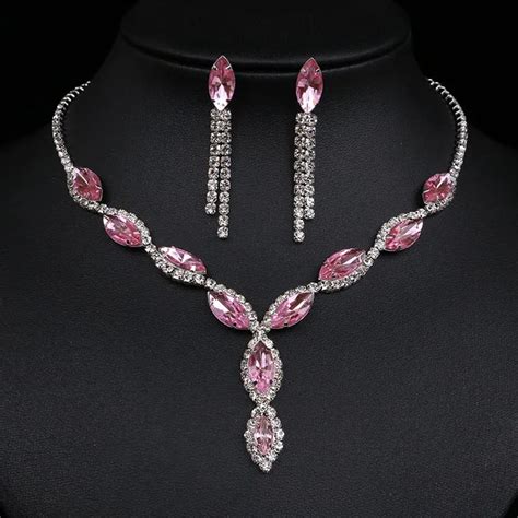 Fashion Leaf Tassel Wedding Jewelry Sets Charm Pink Crystal Choker