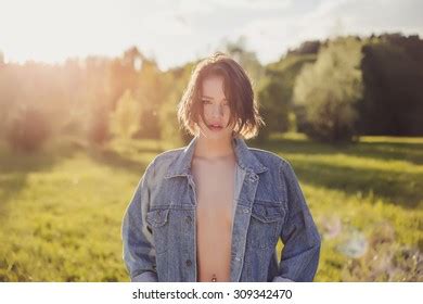 Stylish Naked Girl Denim Outdoor Stock Photo Shutterstock