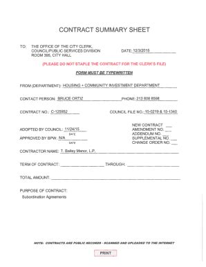 Fillable Online CONTRACT SUMMARY SHEET Los Contract Summary Sheet To