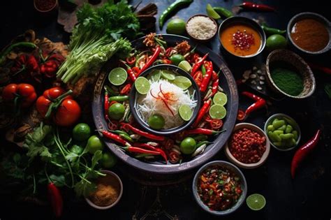 Una Mesa Llena De Comida Que Incluye Verduras Arroz Y Verduras Foto