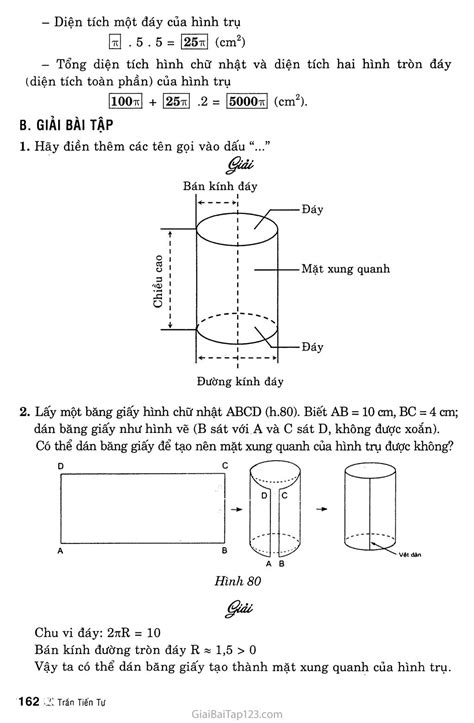 Giải bài tập Toán 9 Bài 1 Hình trụ Diện tích xung quanh và thể tích