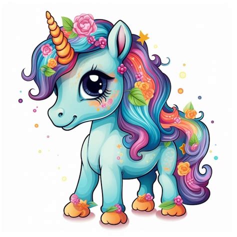Un Unicornio De Dibujos Animados Con Flores En La Melena Foto Premium