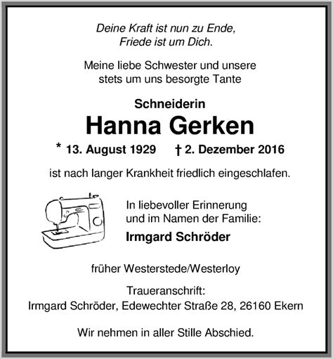 Traueranzeigen Von Hanna Gerken Nordwest Trauer De