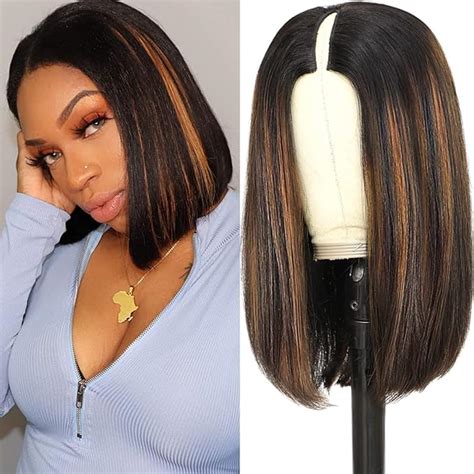Amazon Com Cute Fairy Ombre Highlight V Part Bob Wig Human Hair No Leave Out FB30 Bob