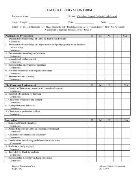 Teacher Evaluation Form Template